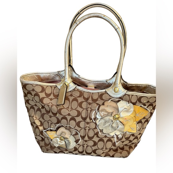 Coach | Bags | Coach Leather Flowers Signature Floral Gold Tote ...